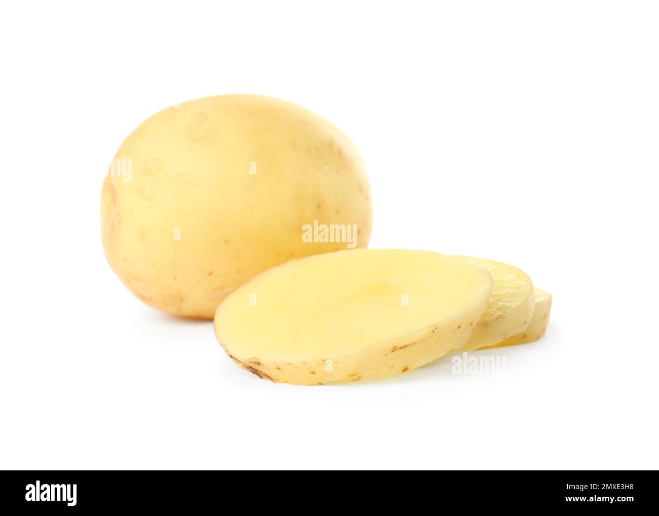 Whole and cut fresh raw organic potatoes on white background Stock ...