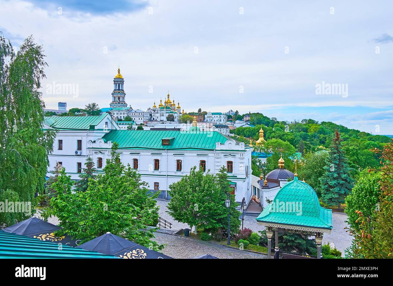 The Kyiv skyline with green Pechersk hill, covered with forest and ...