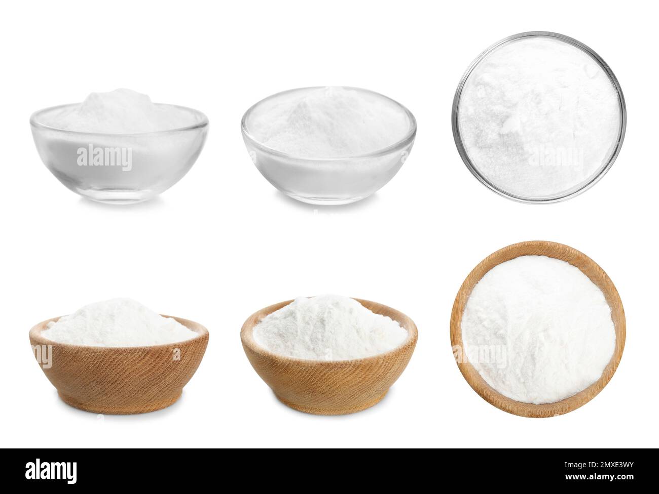 Set with bowls of baking soda on white background Stock Photo - Alamy