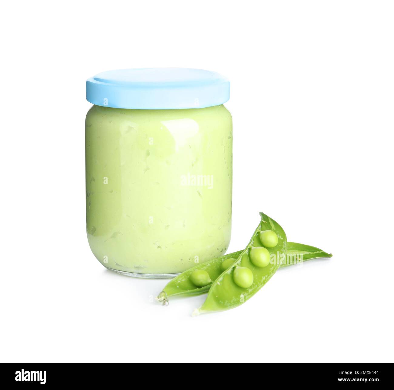 Jar with baby food and pod with peas on white background Stock Photo ...