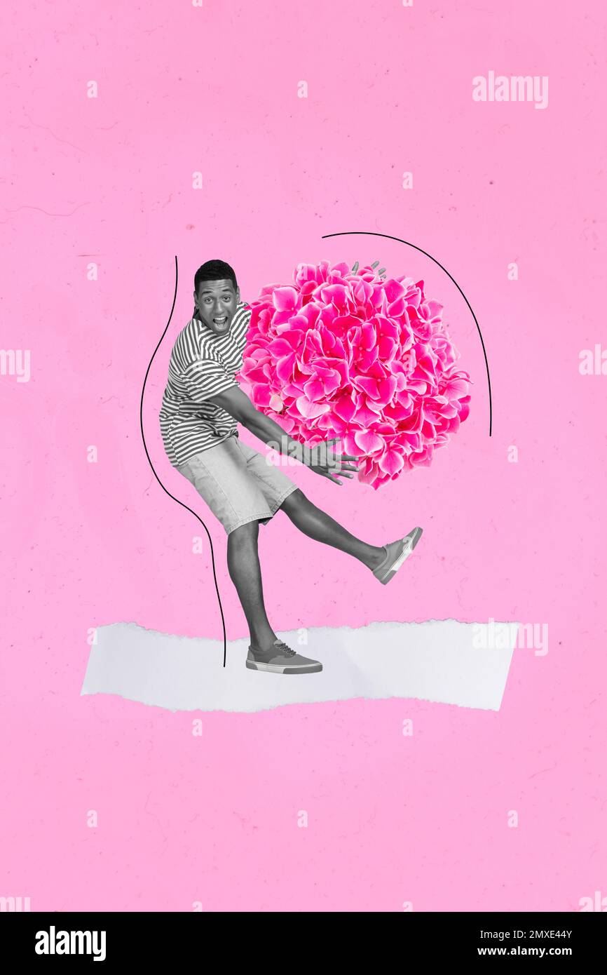 Vertical collage image of excited impressed black white effect guy arms ...