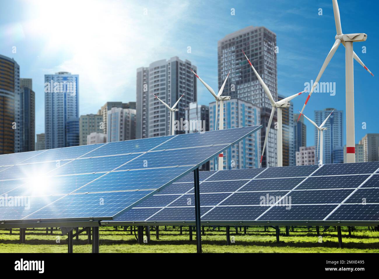Solar panels and wind turbines installed outdoors. Alternative energy ...