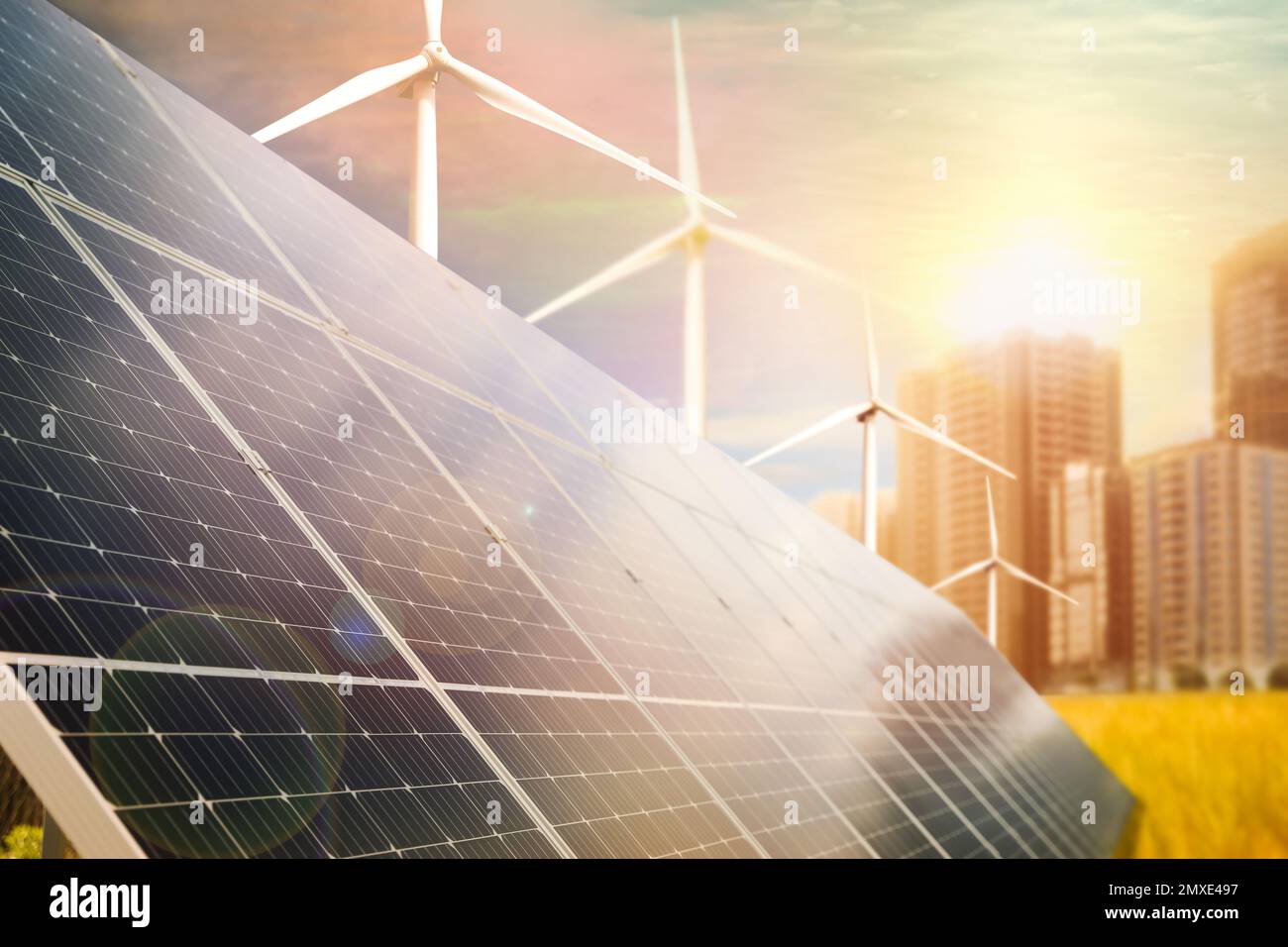 Solar panels and wind turbines installed outdoors. Alternative energy ...