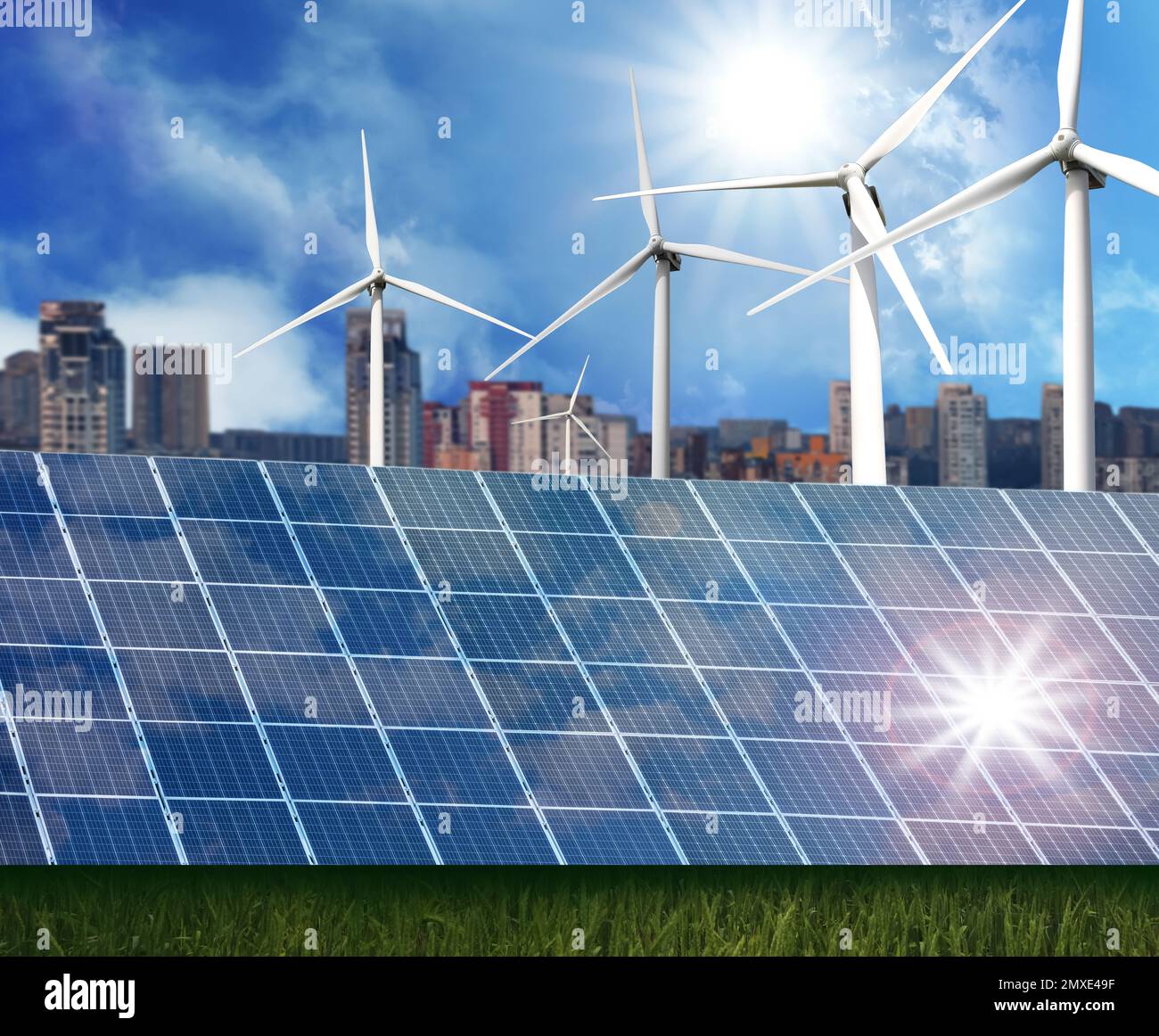 Solar panels and wind turbines installed outdoors. Alternative energy ...