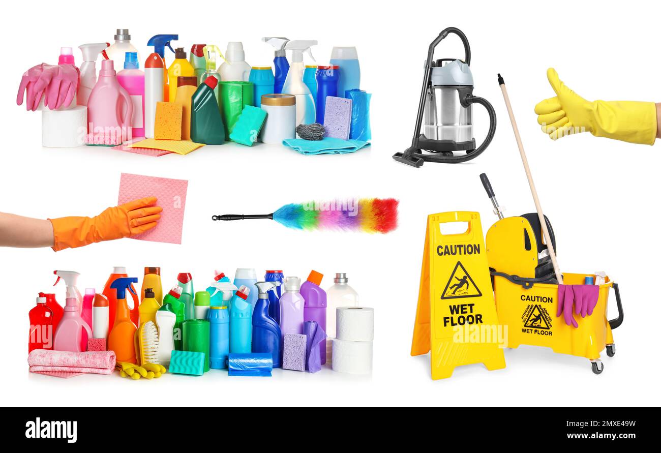Collage with photos of people holding cleaning supplies on white ...