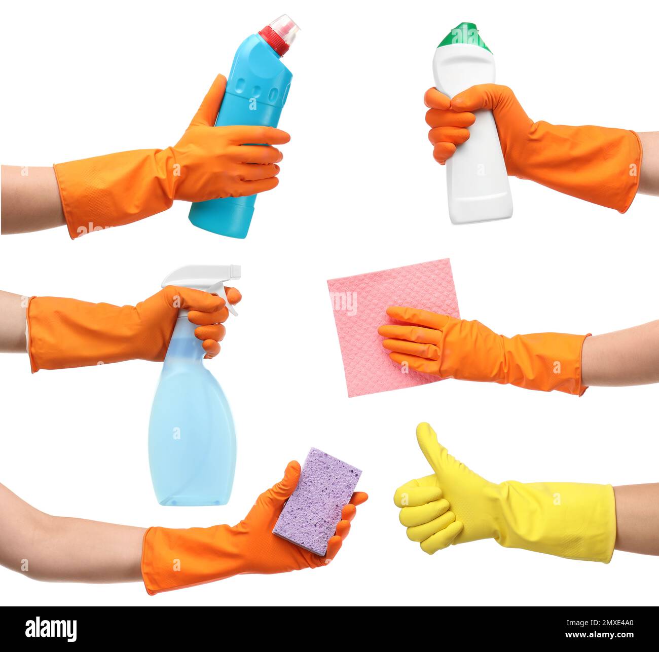 Collage with photos of people holding cleaning supplies on white ...