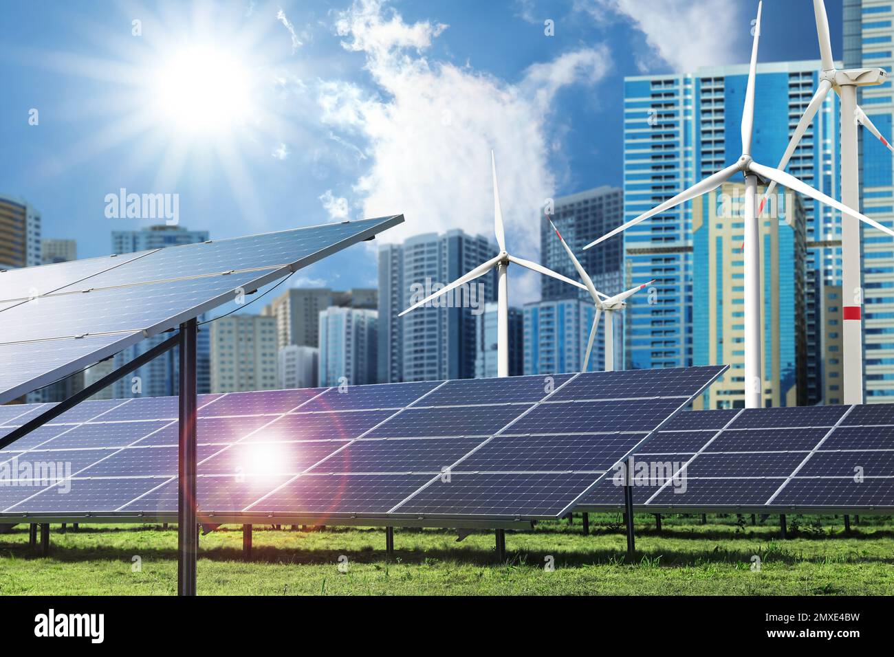 Solar panels and wind turbines installed outdoors. Alternative energy ...