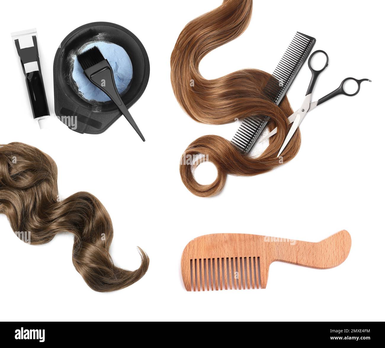 Set with different hairdresser supplies on white background, top view ...