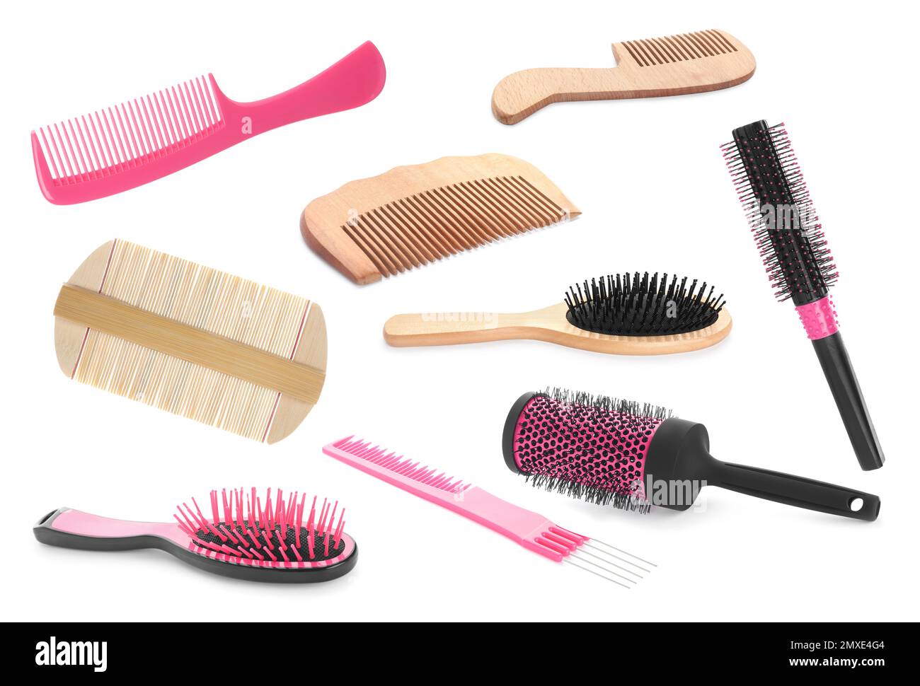 Set with different hair brushes and combs on white background Stock ...