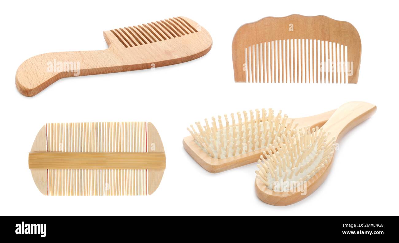 Set with wooden hair brushes and combs on white background, banner ...