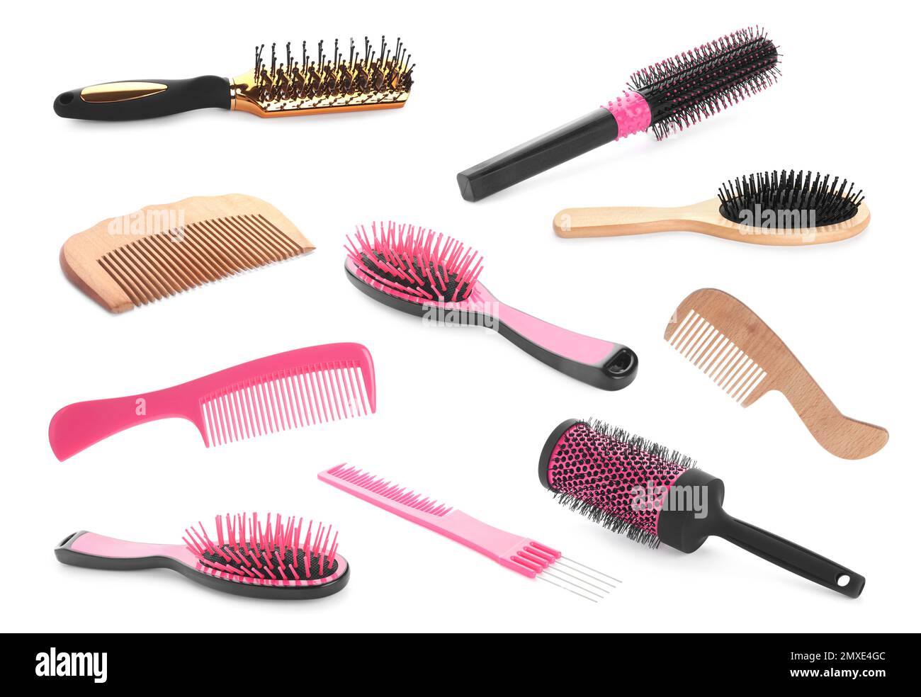 Set with different hair brushes and combs on white background Stock ...