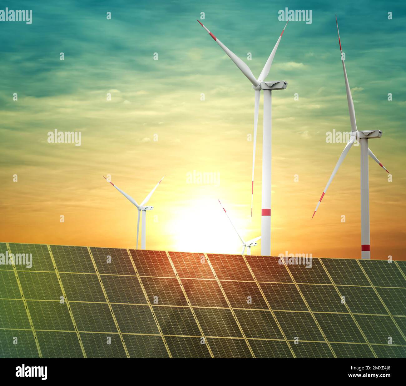 Solar panels and wind turbines installed outdoors. Alternative energy ...