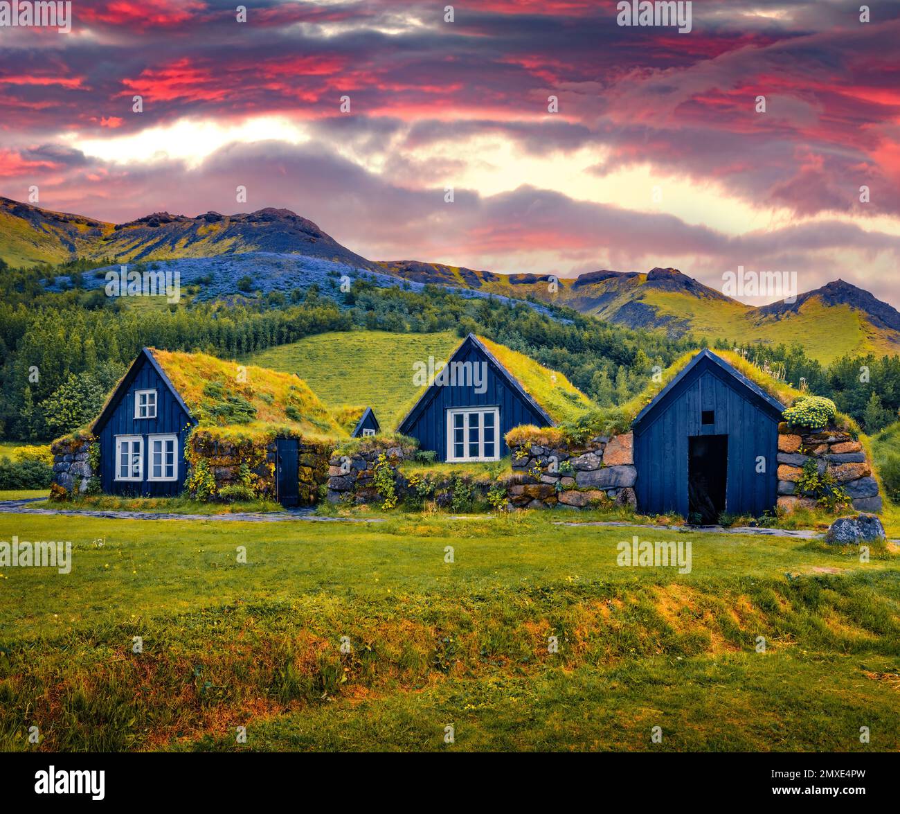 Impressive summer sunrise in Skogar village, south Iceland, Europe ...