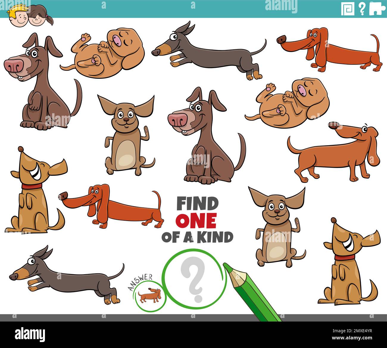 Cartoon illustration of find one of a kind picture educational task ...