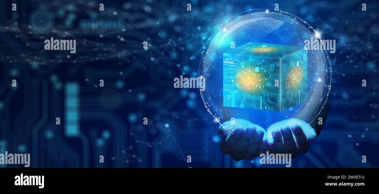 Businessman hand holding Cube technology with Abstract blue background ...