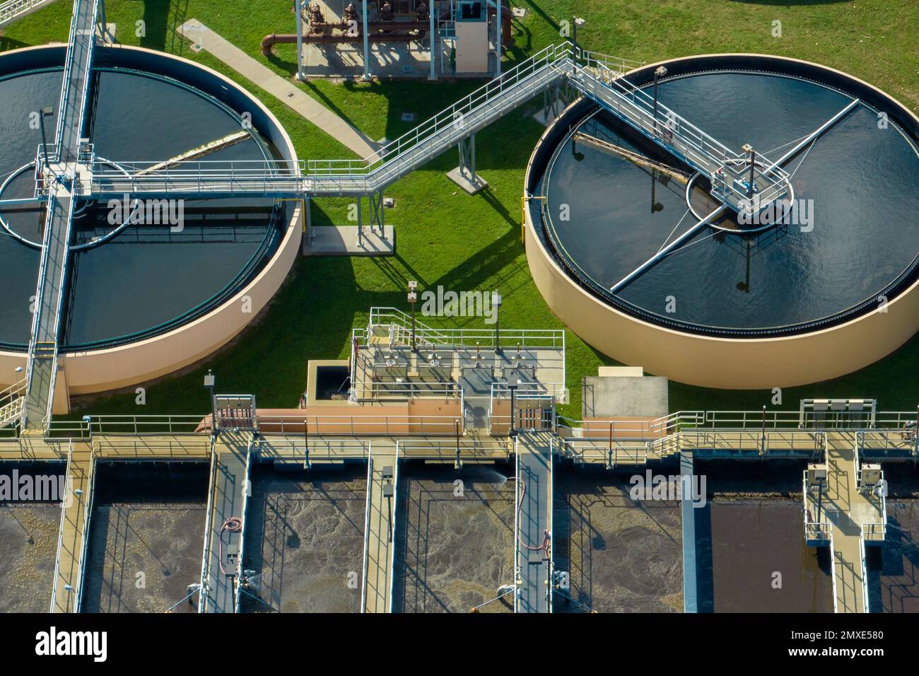 Aerial view of water treatment factory at city wastewater cleaning ...