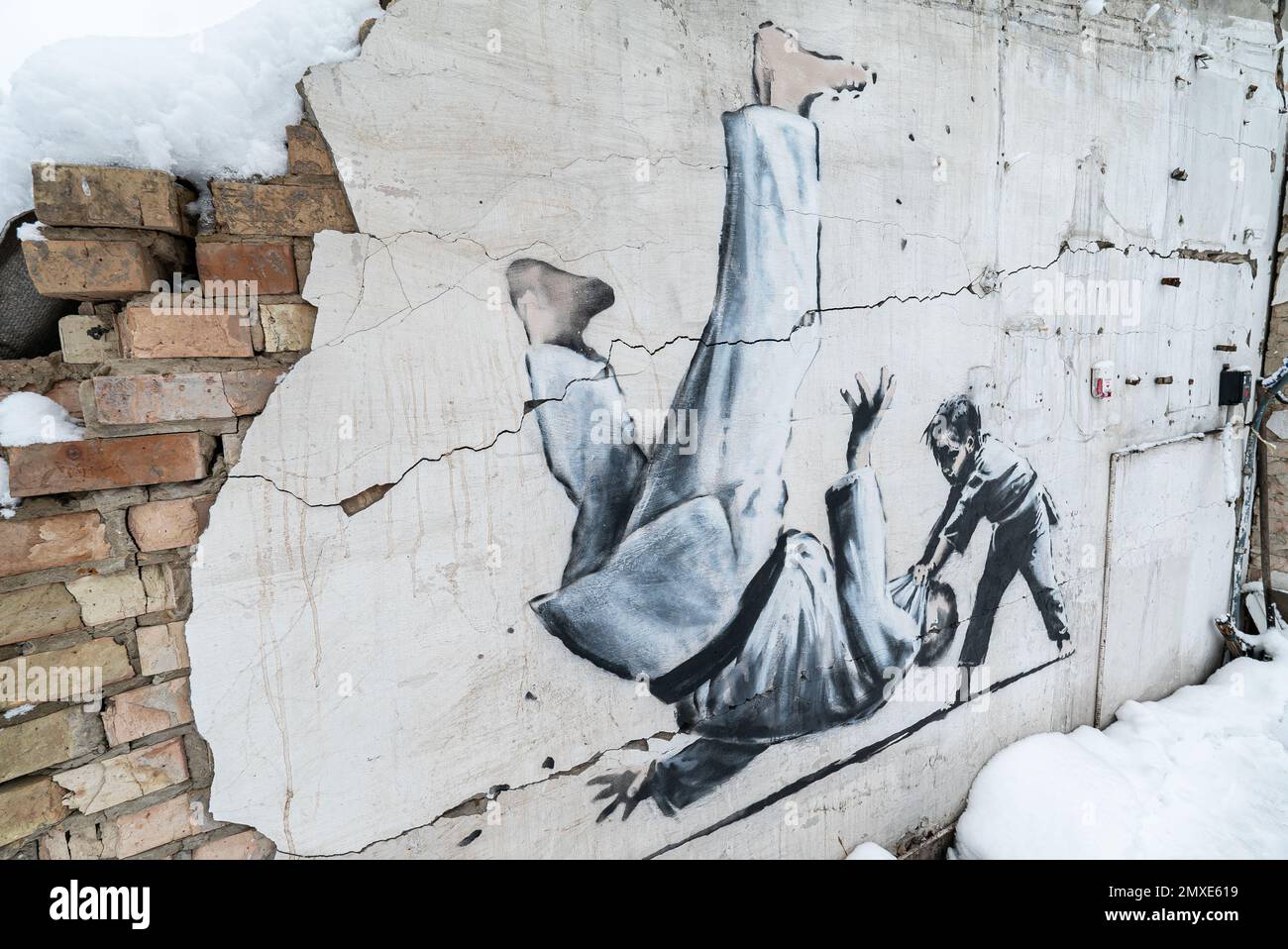 Borodyanka, Ukraine - Banksy graffiti on the wall Stock Photo - Alamy
