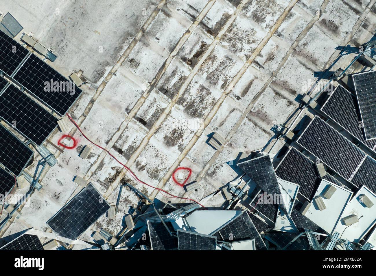 Broken down photovoltaic solar panels destroyed by hurricane Ian winds ...