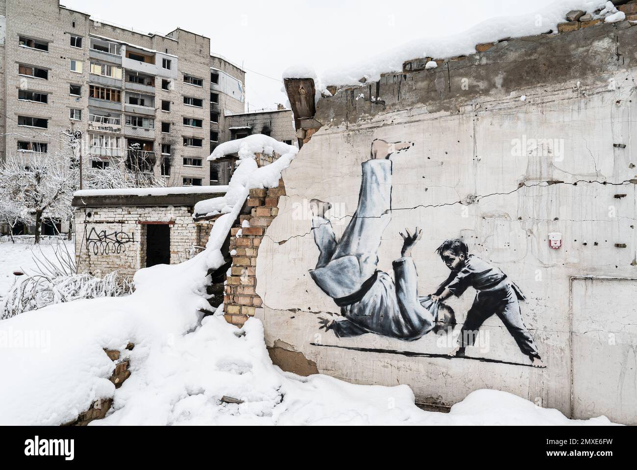 Drawing by artist Banksy in Borodyanka, Ukraine Stock Photo - Alamy