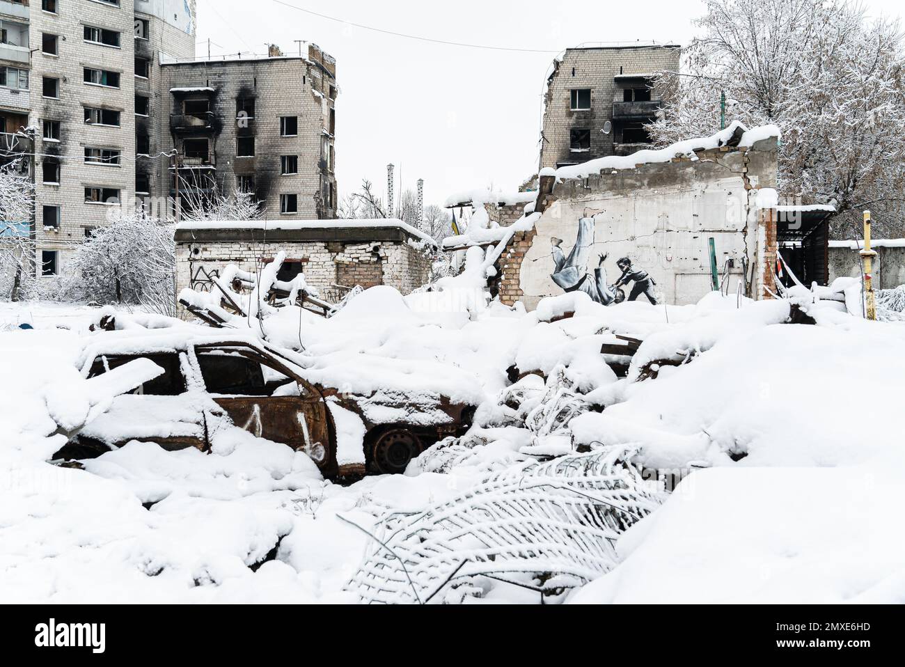 Ukraine, Borodyanka - Banksy graffiti on the wall Stock Photo - Alamy