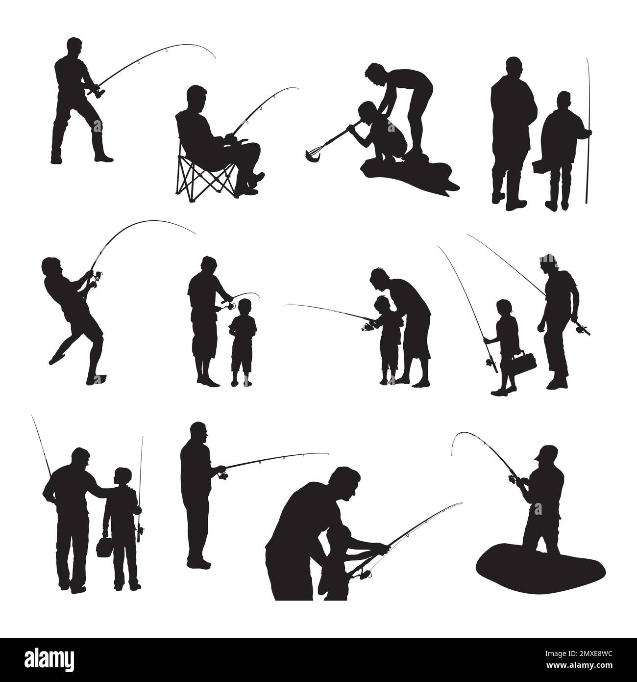Fishing silhouette, Fishing man silhouette set, Fishing man vector ...