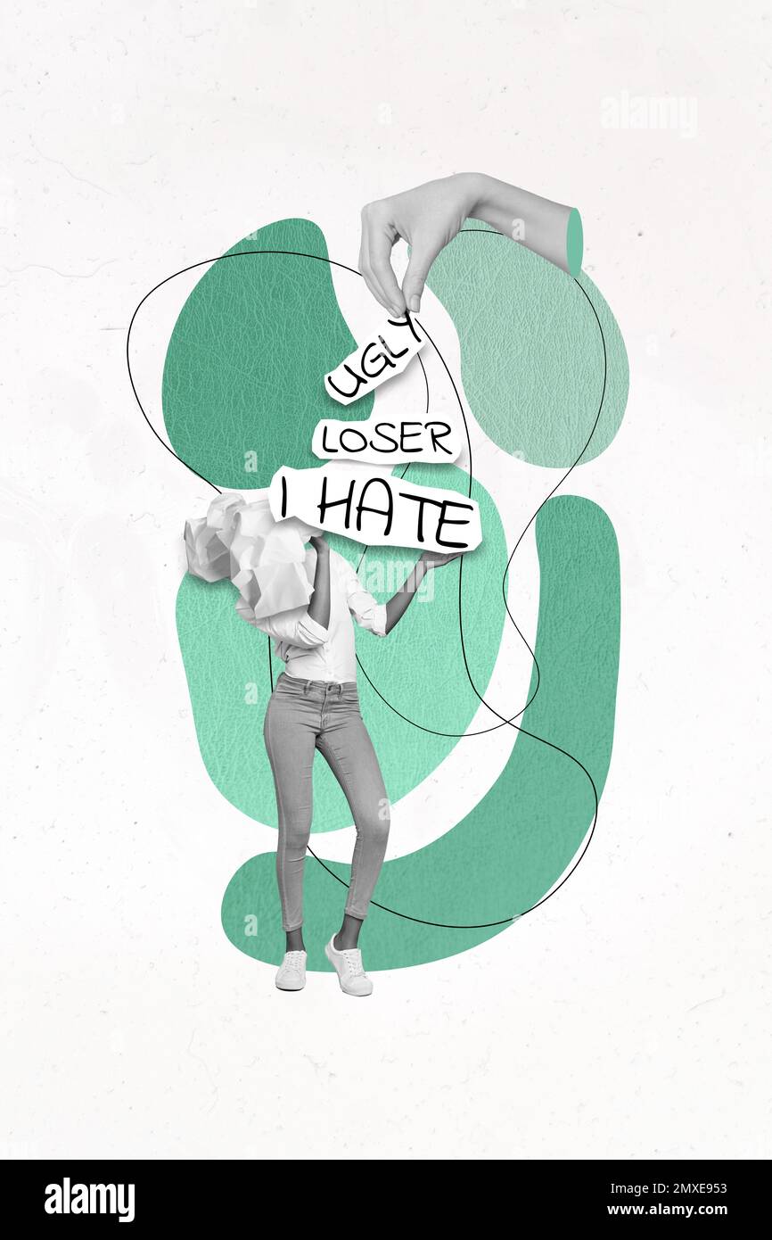 Creative 3d collage poster picture sketch of upset person victim suffer ...