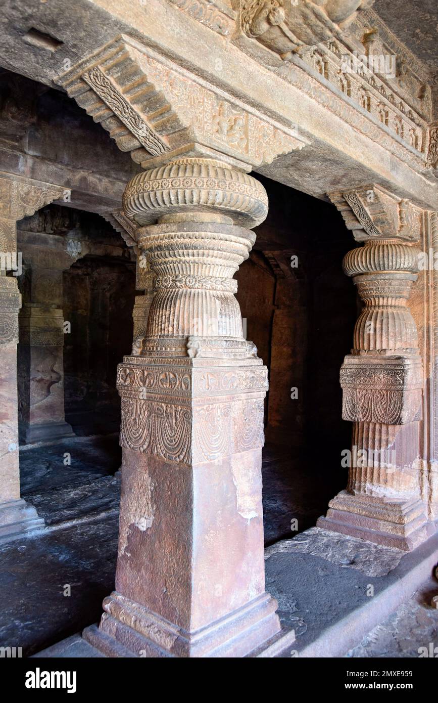 Ornate pillars at cave 1 in the Badami caves complex in Karnataka ...