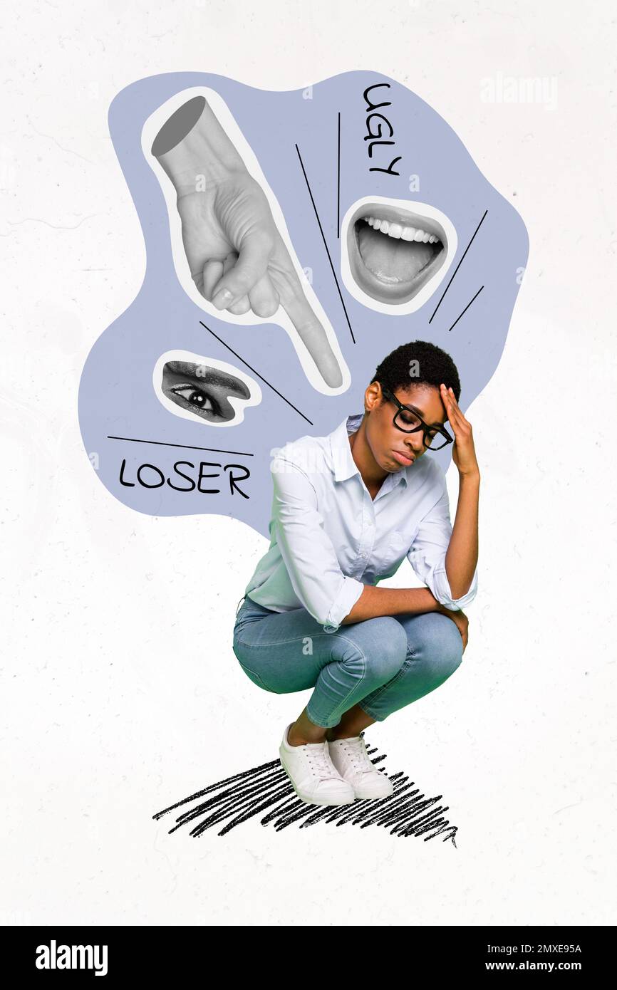 Picture photo artwork 3d collage poster sketch of unhappy dissatisfied ...