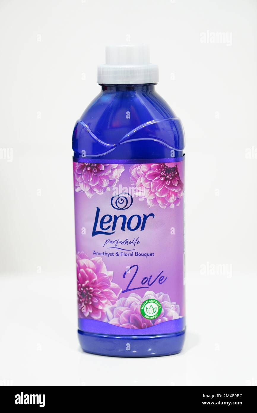 A Lenor laundry detergent in a plastic bottle isolated on a white ...