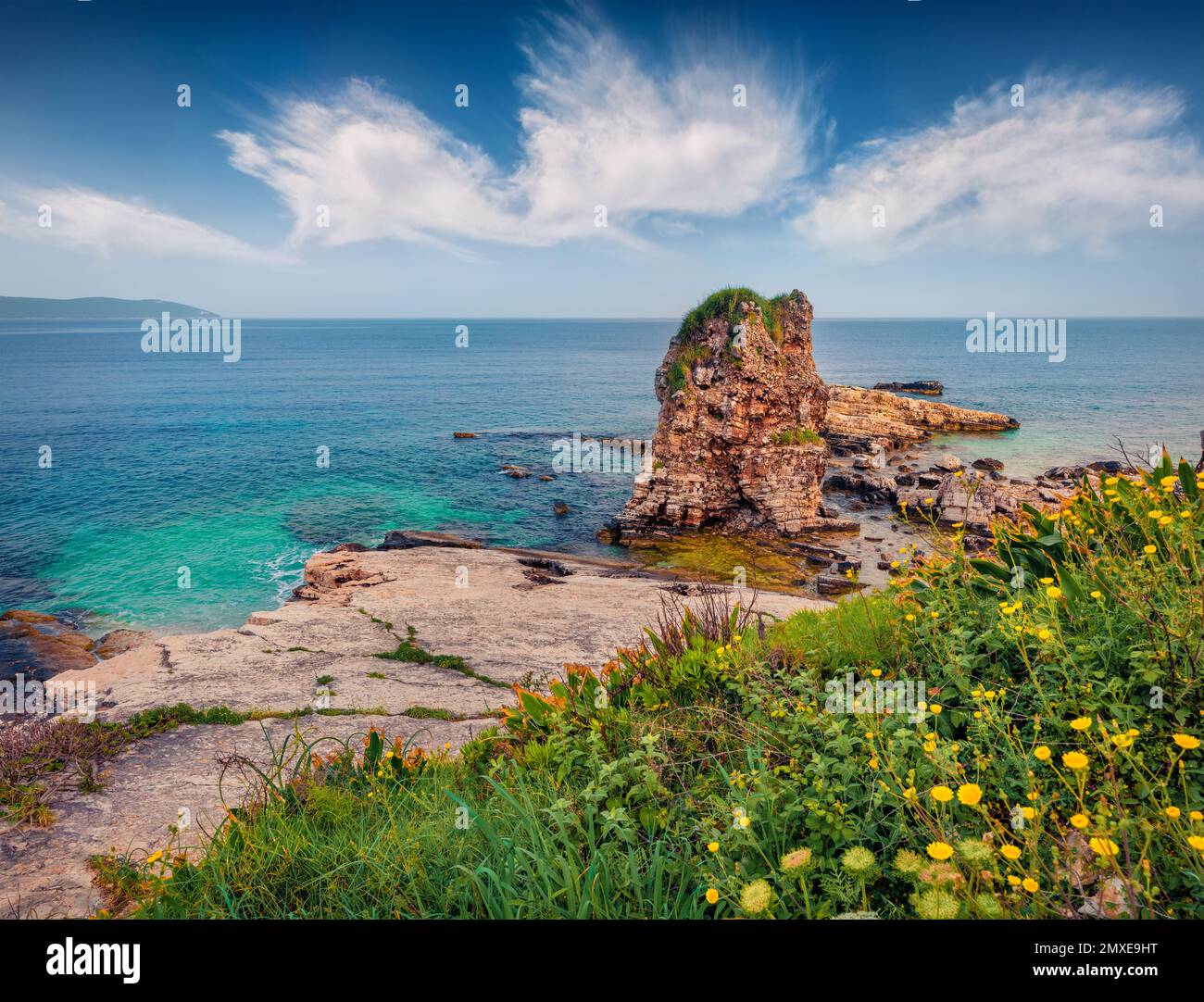 Splendid summer view of Kanoni Beach. Wonderful morning seascape of ...