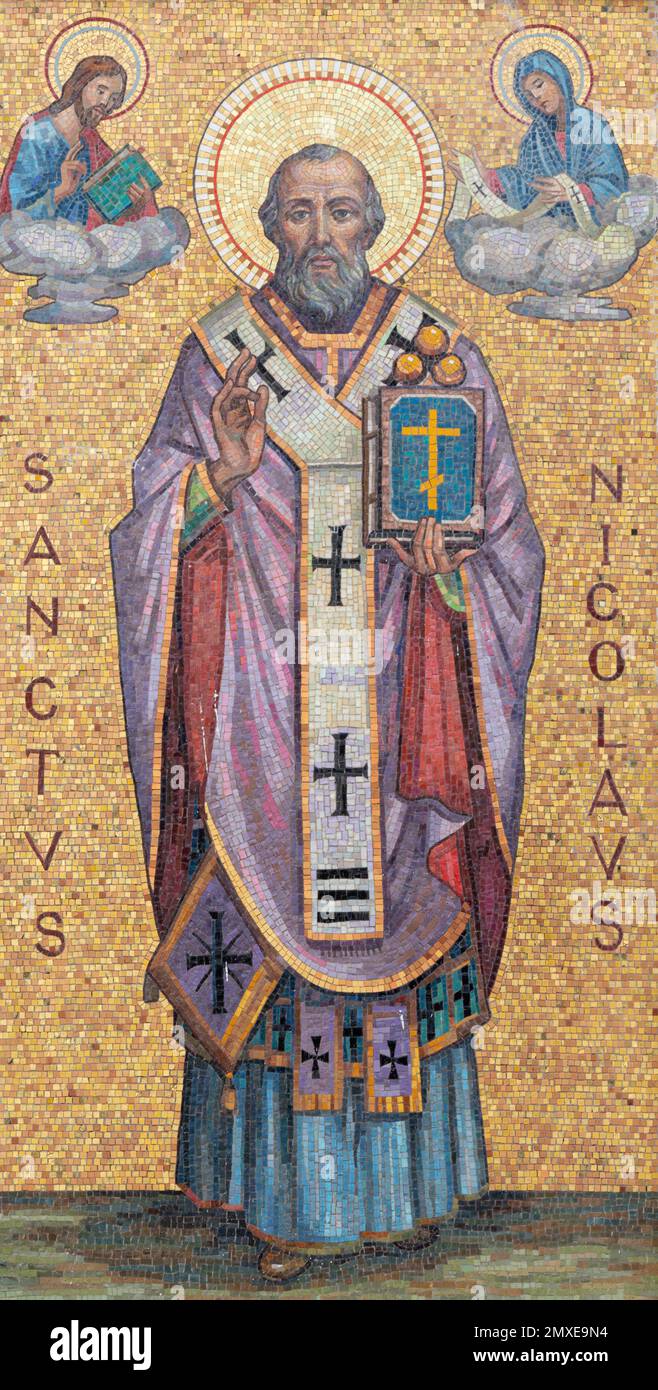 BARI, ITALY - MARCH 3, 2022: The mosaic of St. Nicholas on the facade ...