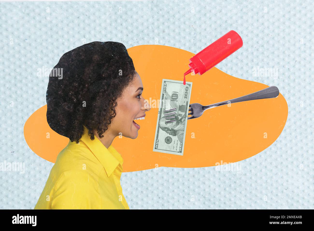 Creative collage poster of crazy silly lady eat hundred dollar banknote ...