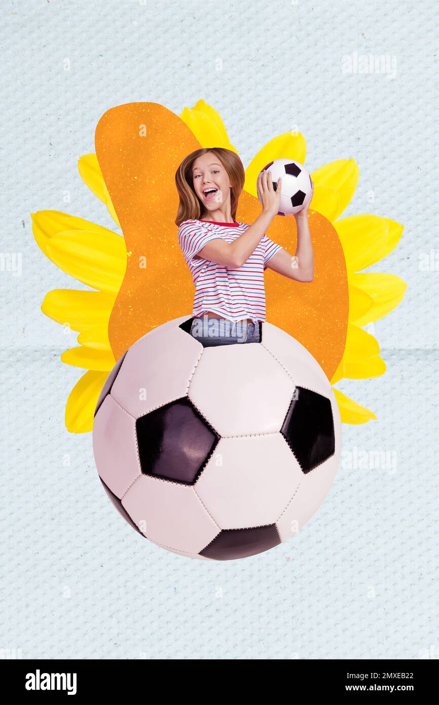 Collage concept young excited overjoyed football player teenager girl catch goal world cup ...