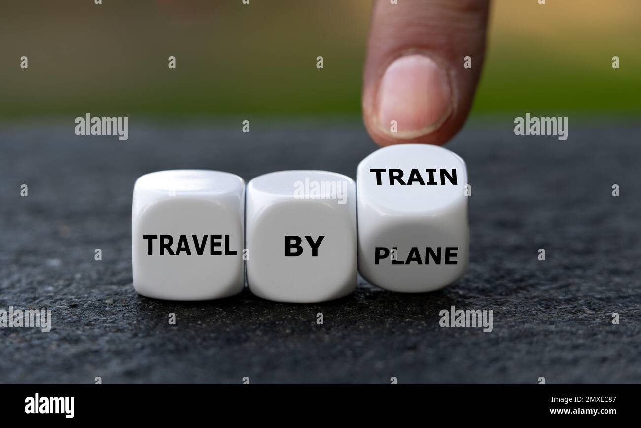 Hand turns dice and changes the expression 'travel by plane' to 'travel ...