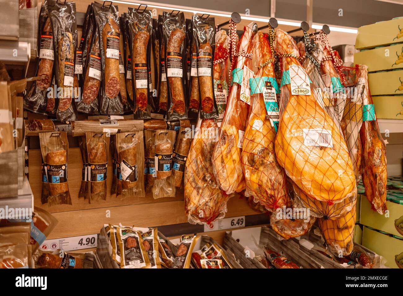 Spanish hamon in barcelona market, jamon iberico in view black leg pork ...