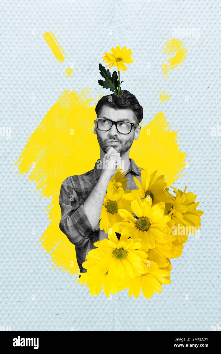 Photo collage artwork minimal picture of thoughtful guy flower growing ...
