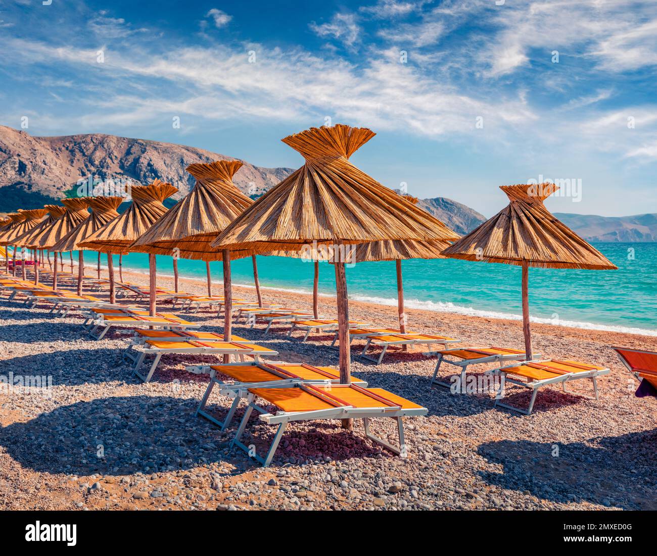 Beautiful resort scenery. Sunny morning scene of Baska Beach. Adorable ...
