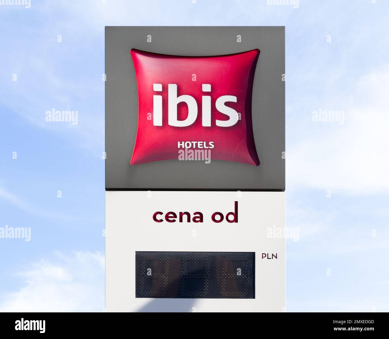 Ibis Hotel logo sign in Kraków. French economy hotels chain, pylon ...