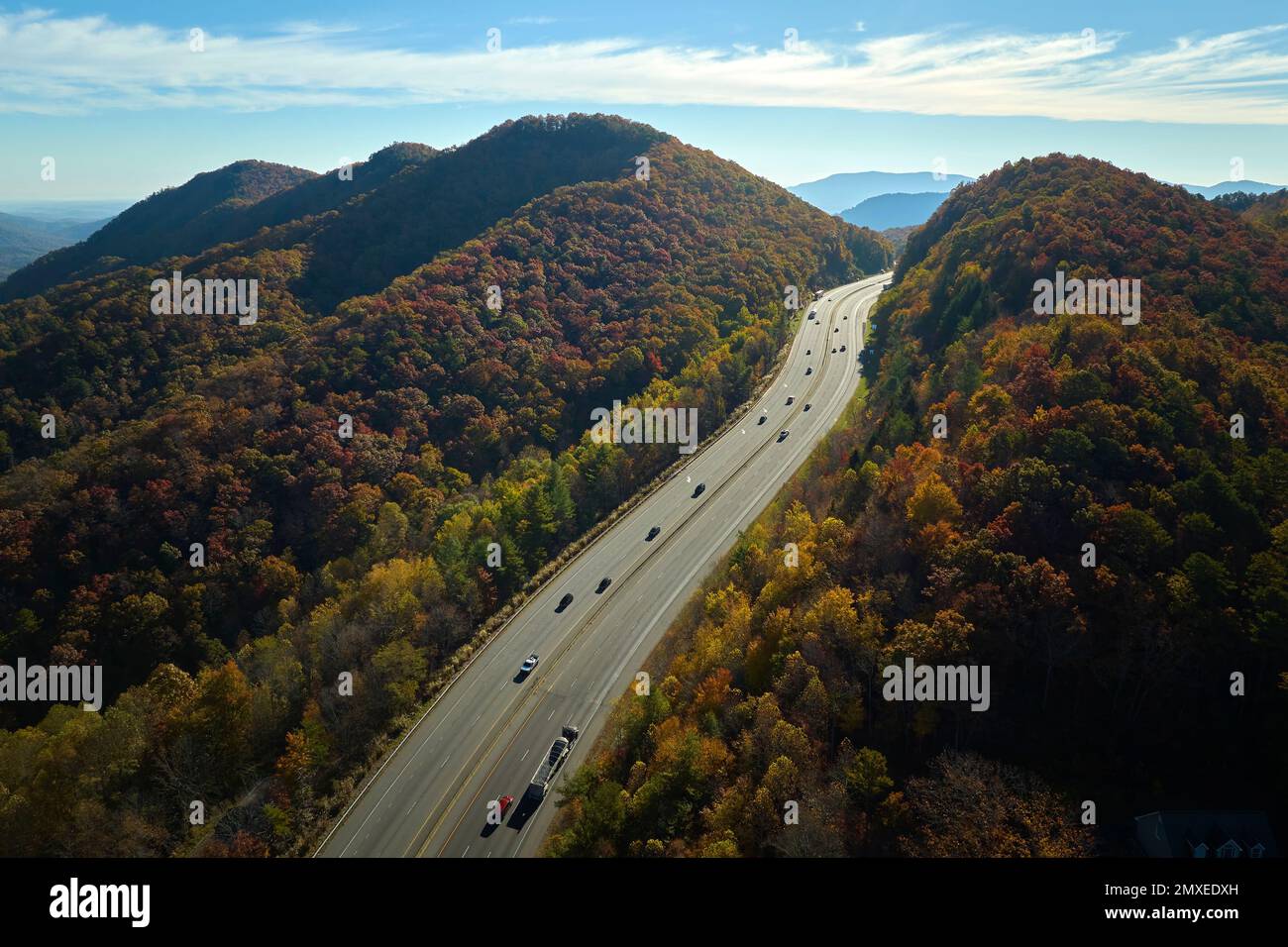 View from above of I-40 freeway route in North Carolina leading to ...