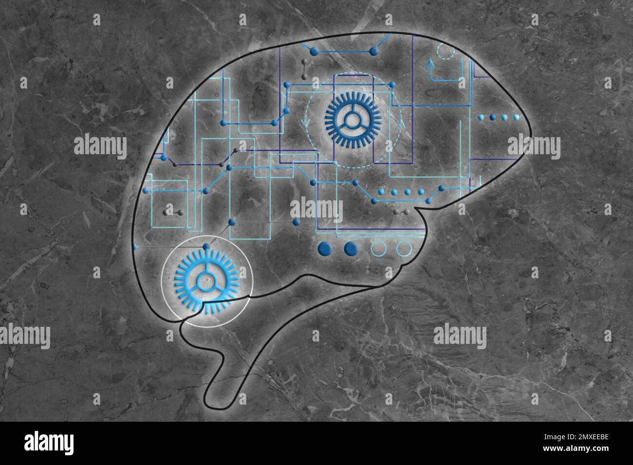 Machine learning concept. Illustration of brain on grey stone ...