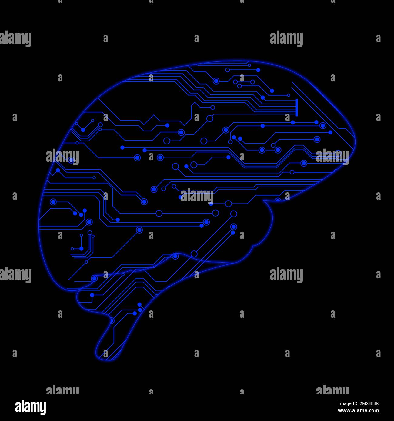 Machine Learning Concept Illustration Of Brain And Circuit Board Pattern On Black Background