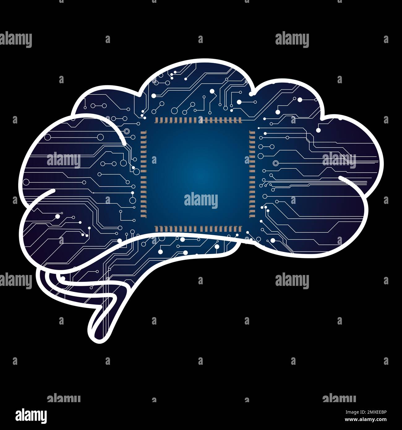 Machine Learning Concept Illustration Of Brain And Circuit Board Pattern On Black Background