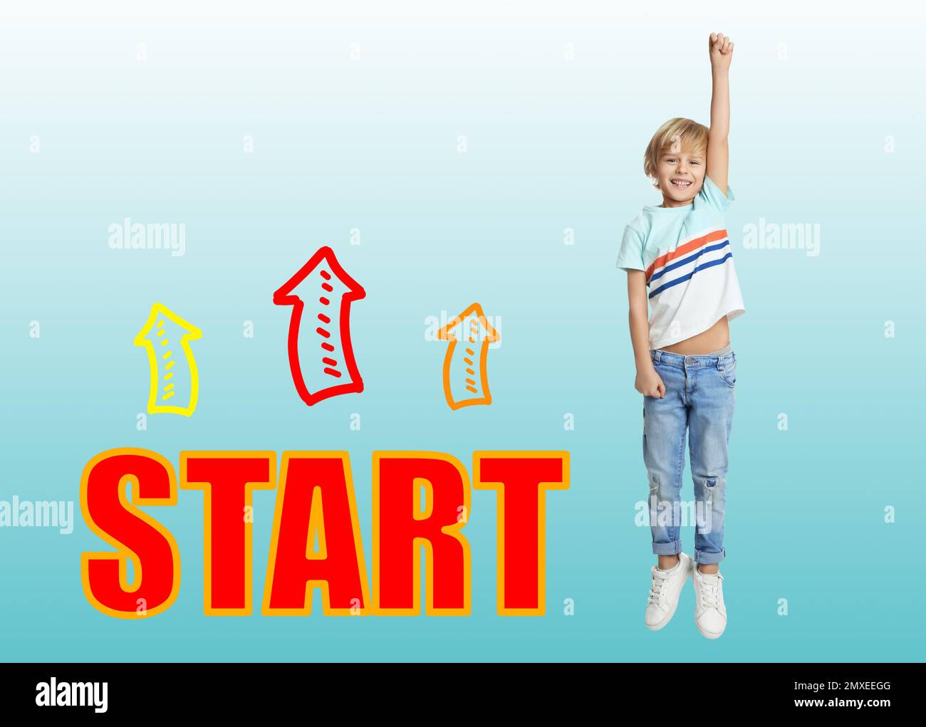 Cute little boy and word START on light background Stock Photo - Alamy