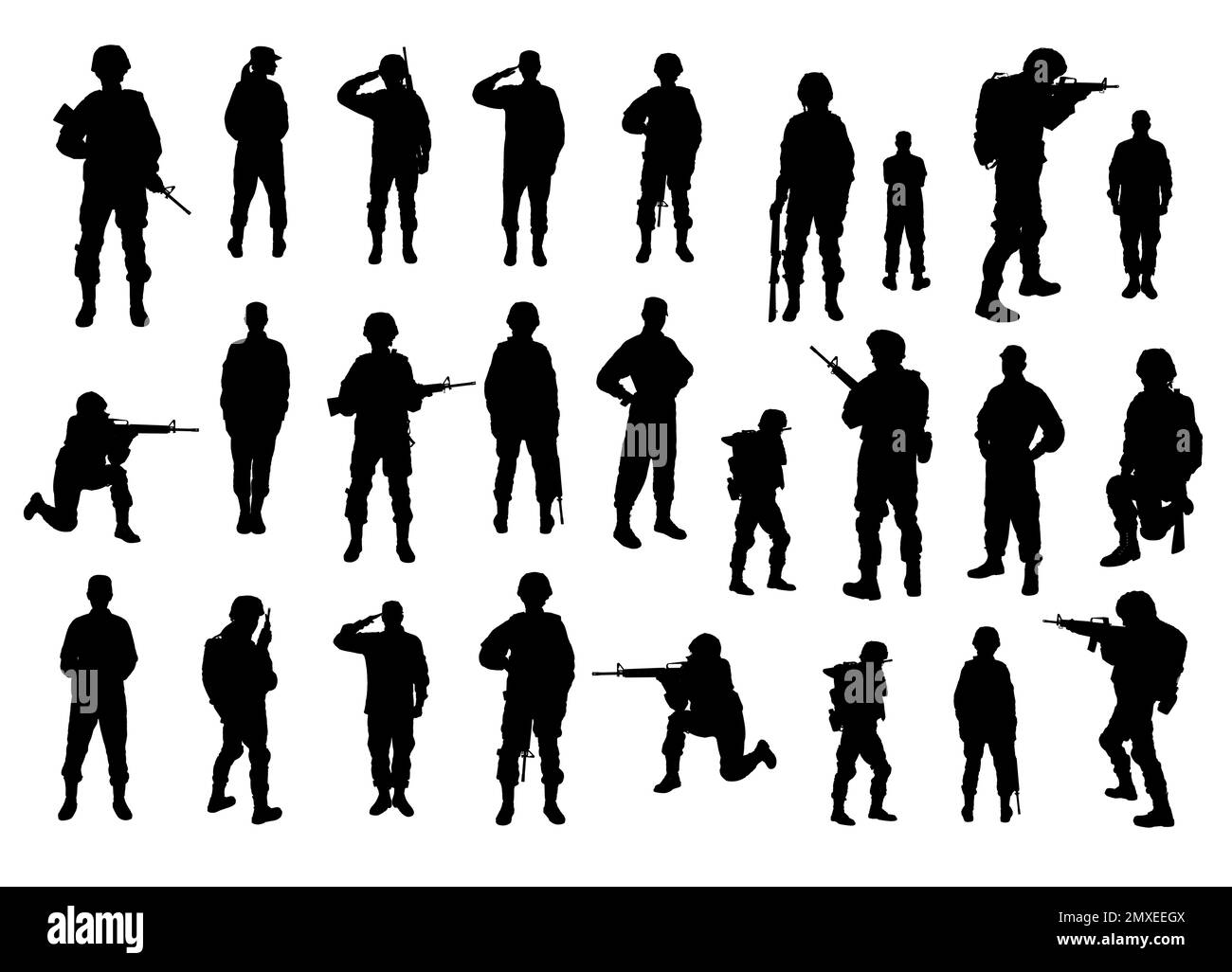 Collage with silhouettes of soldiers on white background. Military ...
