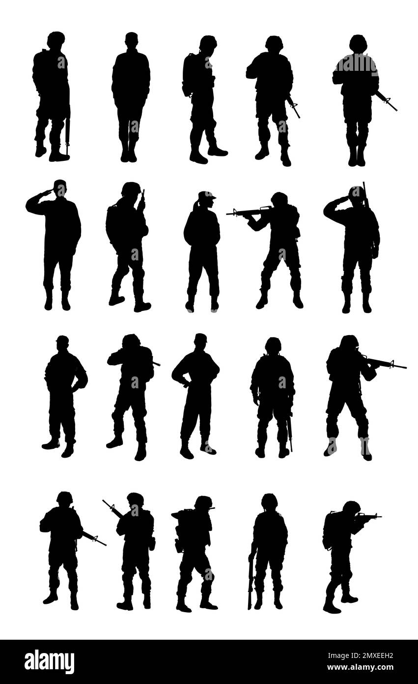 Collage with silhouettes of soldiers on white background. Military ...