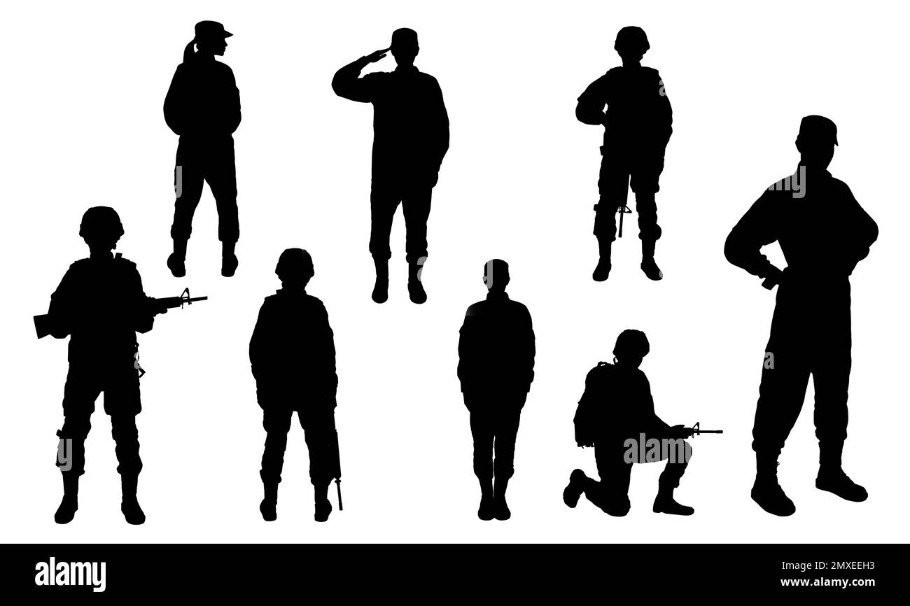 Collage with silhouettes of soldiers on white background. Military ...