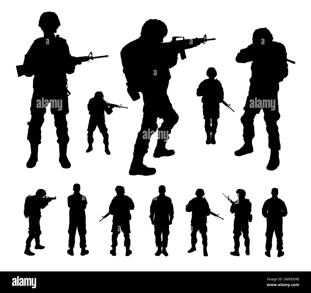 Collage with silhouettes of soldiers on white background. Military ...
