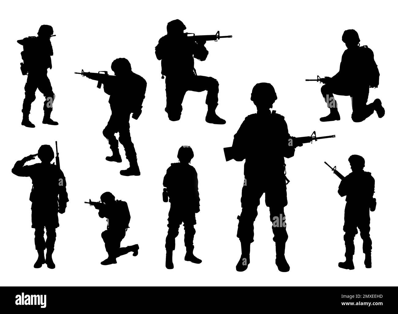 Collage with silhouettes of soldiers on white background. Military ...