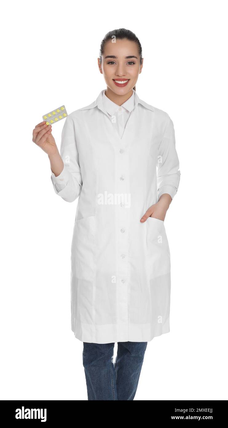 Professional pharmacist with pills on white background Stock Photo - Alamy