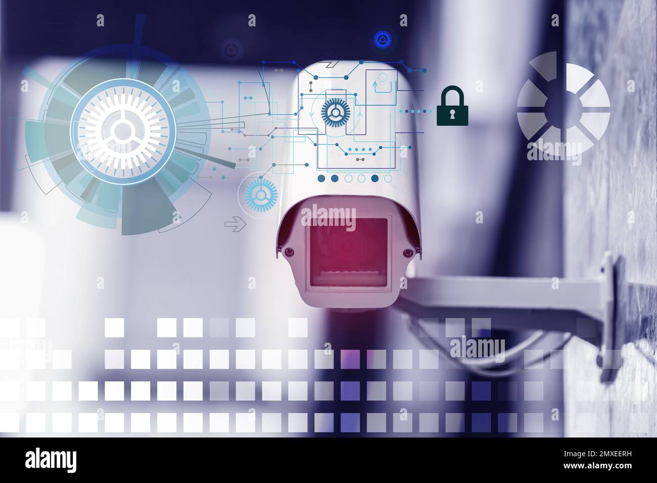 Modern CCTV security camera on building outdoors and digital schema ...